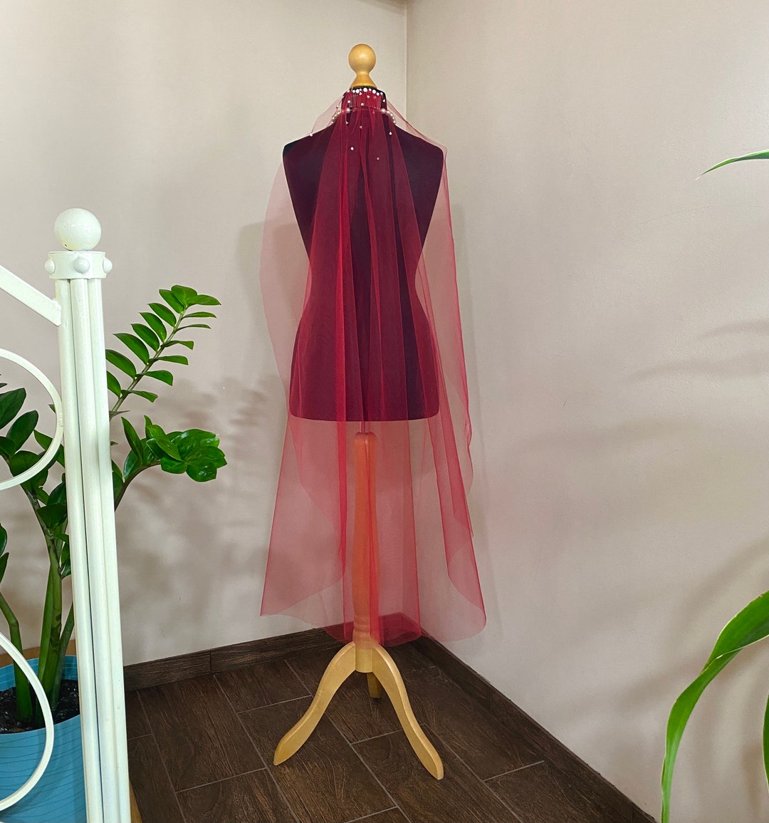 Red Bridal Veil, Red Veil, Red Headdress, Red Veil With Crystals, Red ...
