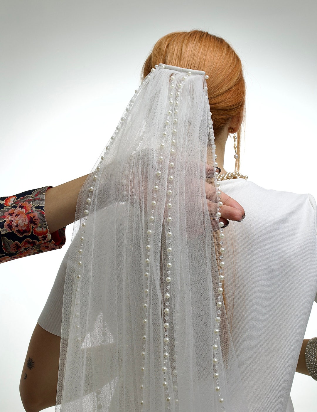 Bridal Wedding Veil With Pearls and Crystal, Sewn Rows in the Form of ...