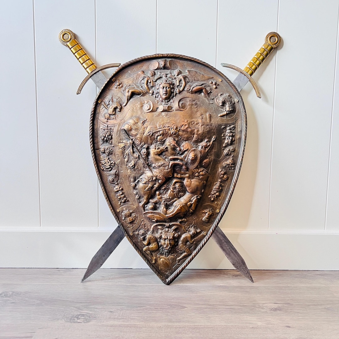 Copper Brass Wall Shield With Crossed Swords, Pressed Knight Plaque ...