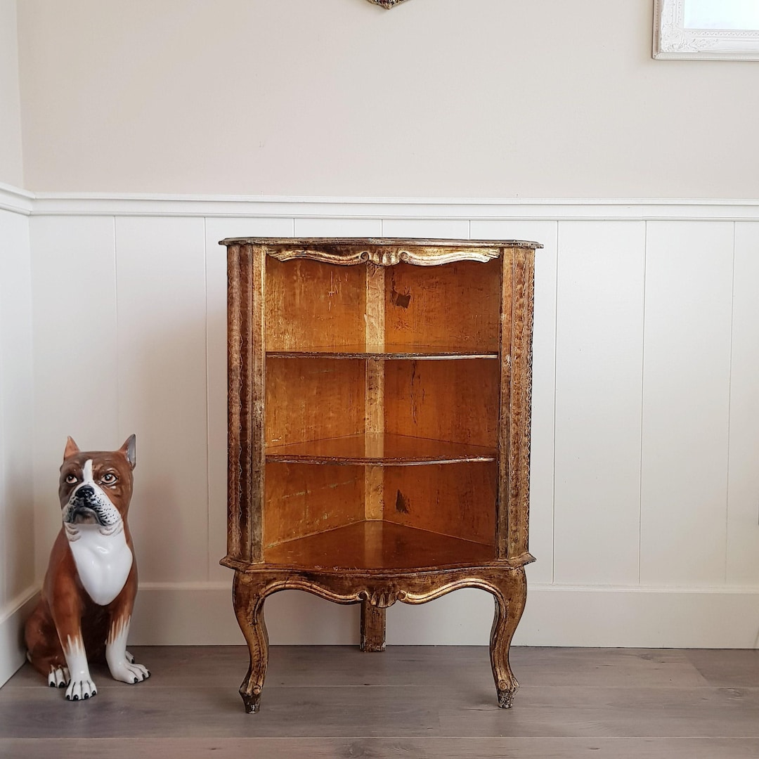 Gold Leaf Corner Cabinet – 1960s Italian Style With Shelves, Hollywood ...