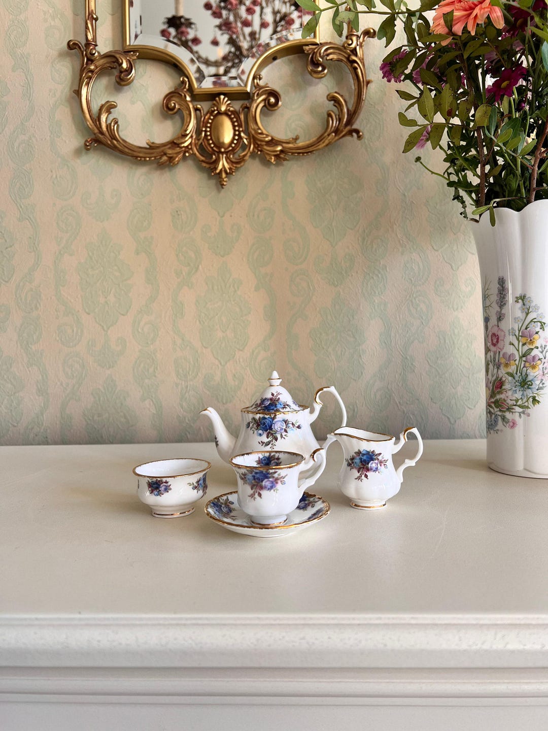 Royal Albert Bone China Dollhouse Tea Set, Moonlight Rose Miniature ...