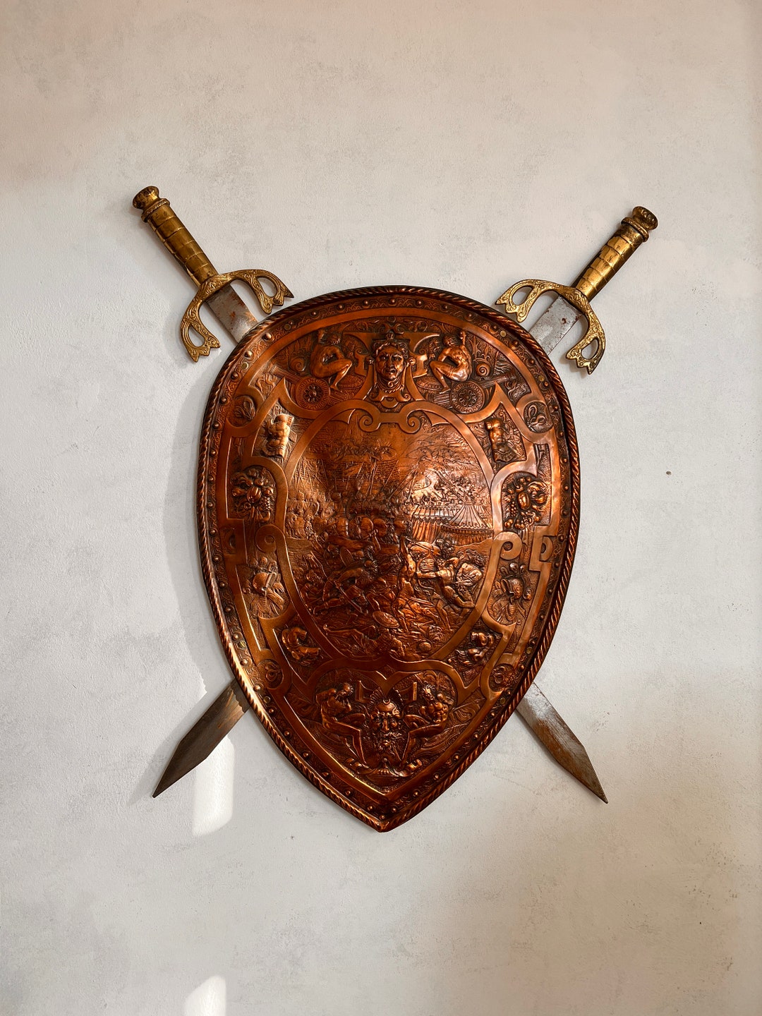 Vintage Copper Shield Wall Decor With Crossed Swords Sword Shield Wall ...