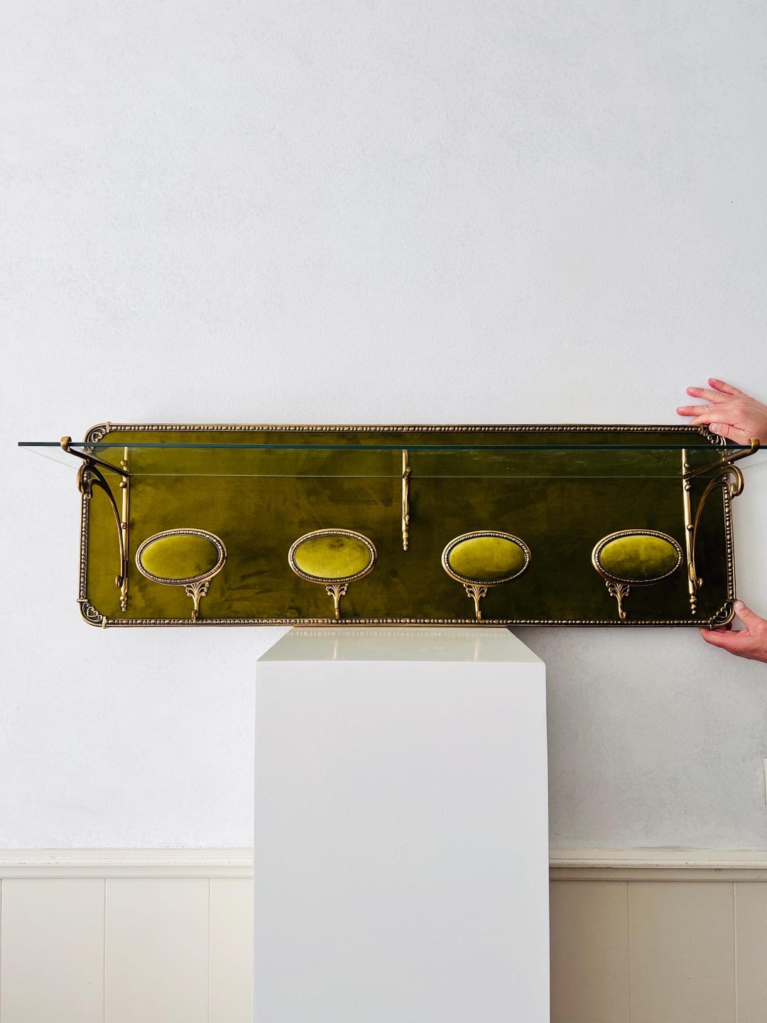 Wall-mounted Green Velvet Coat Rack With Brass Accents and Glass Shelf ...