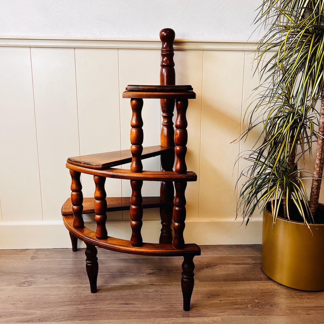 Carved Wood Library Step Ladder – Three-tier Spiral Design, Antique ...