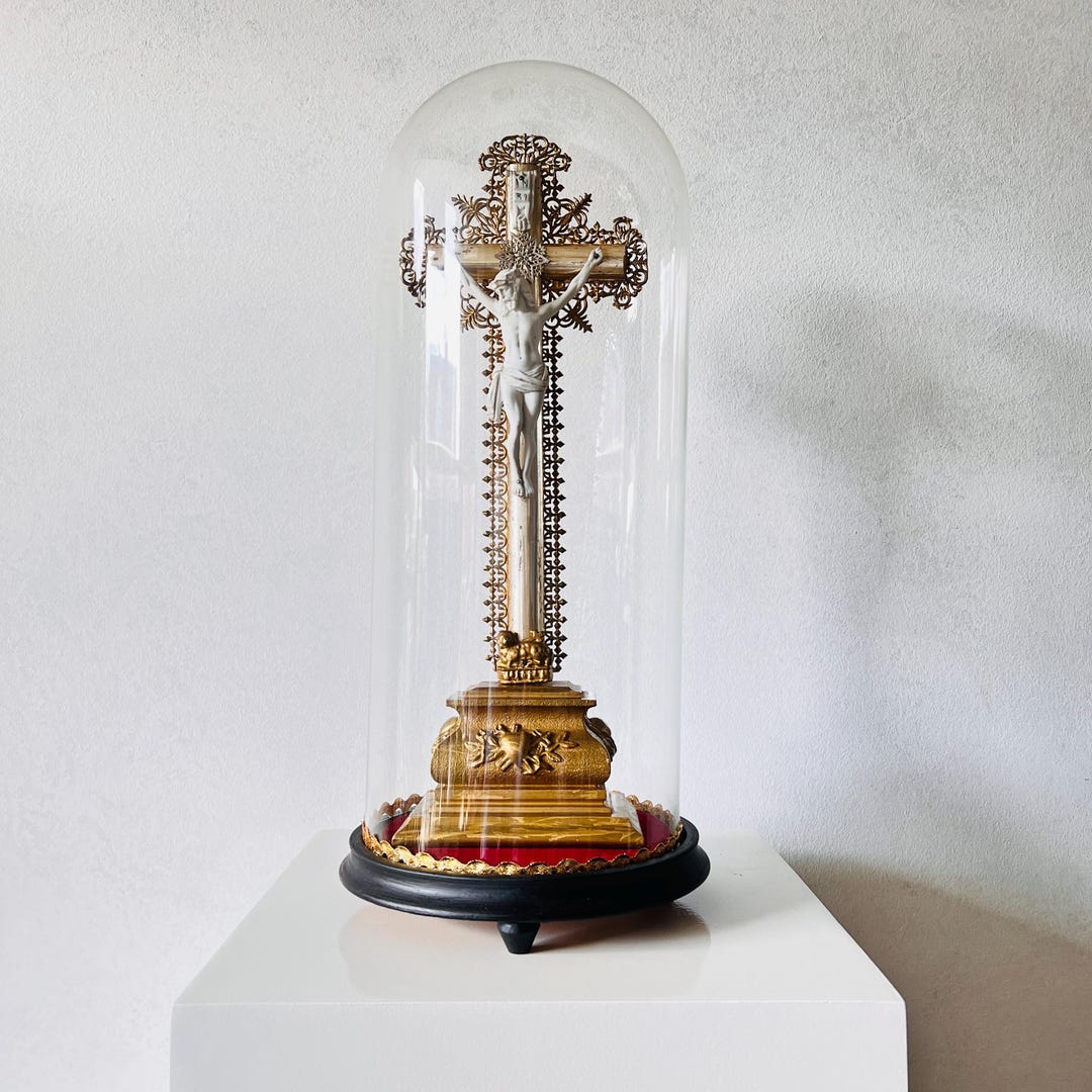 Glass Dome Crucifix Display – Mid Century Wood & Metal Religious Icon ...