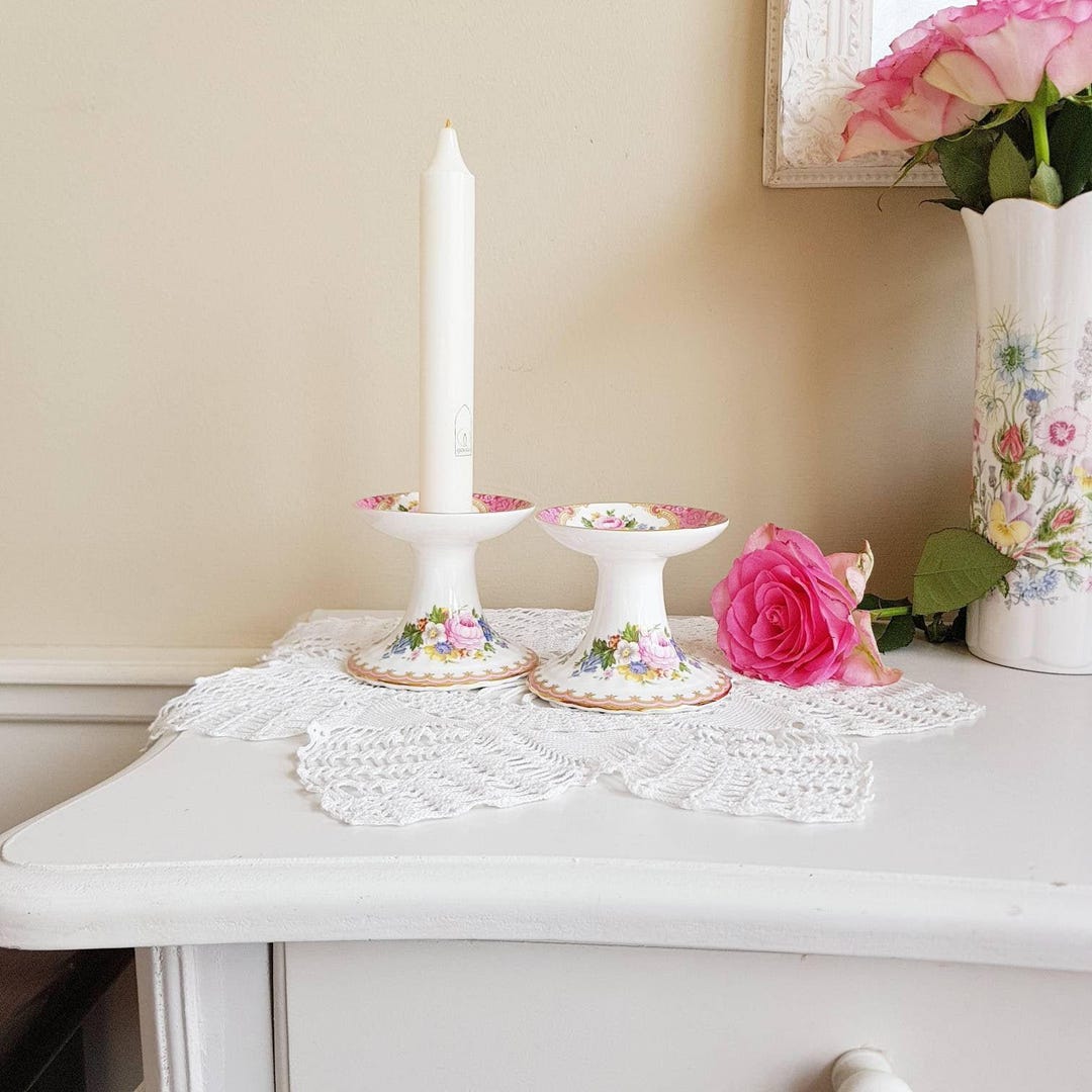 Porcelain Bone China Candle Holders Pair Royal Albert Lady Carlyle ...
