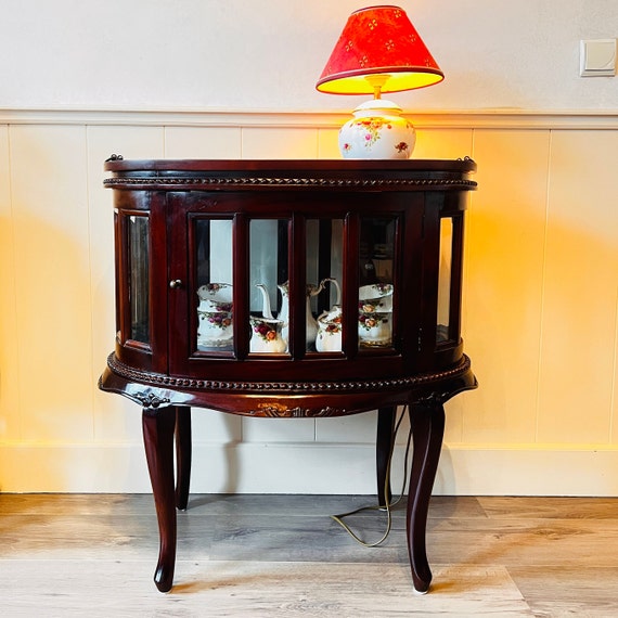 Vintage Hand Carved Wood Cabinet With Oval Tray Top Mahogany Display Tablewood Tea Table Etsy