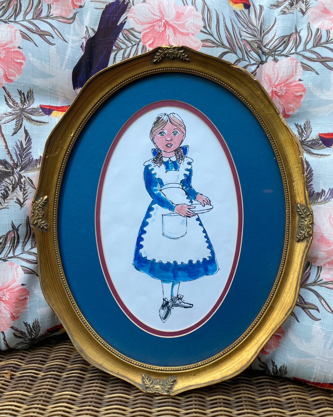 Vintage Framed Wall Art Drawing of Girl in Blue Dress With White ...