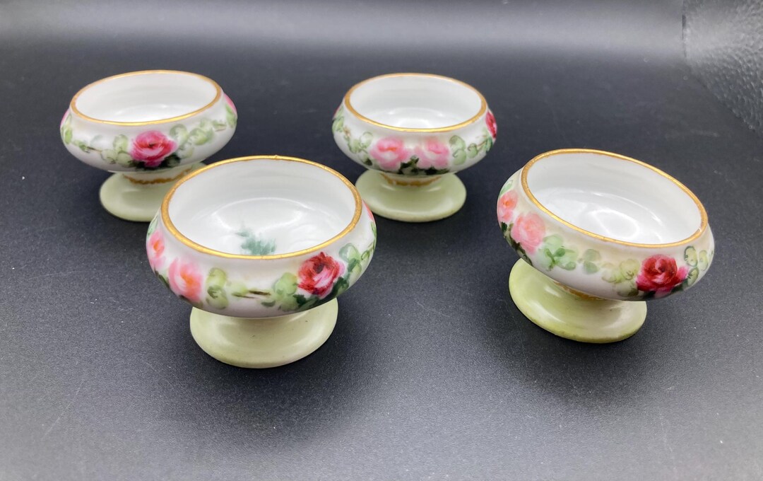 4 Antique Open Salt Cellars - Pedestal - Floral - Roses and Gold - Etsy