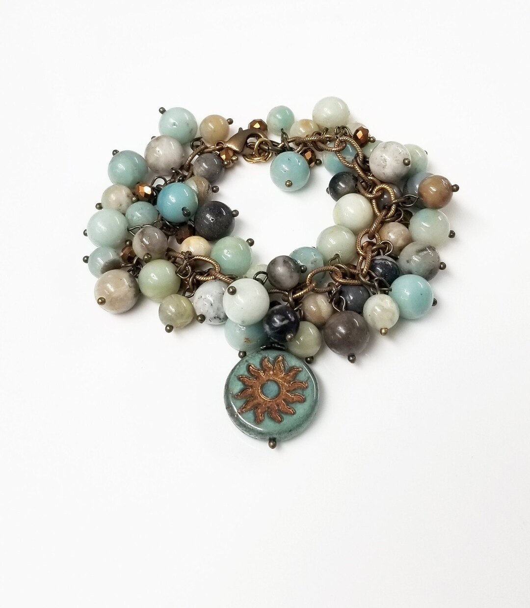 Beaded Bracelet With Etched Natural Brass Chain and Charms - Costa Del ...