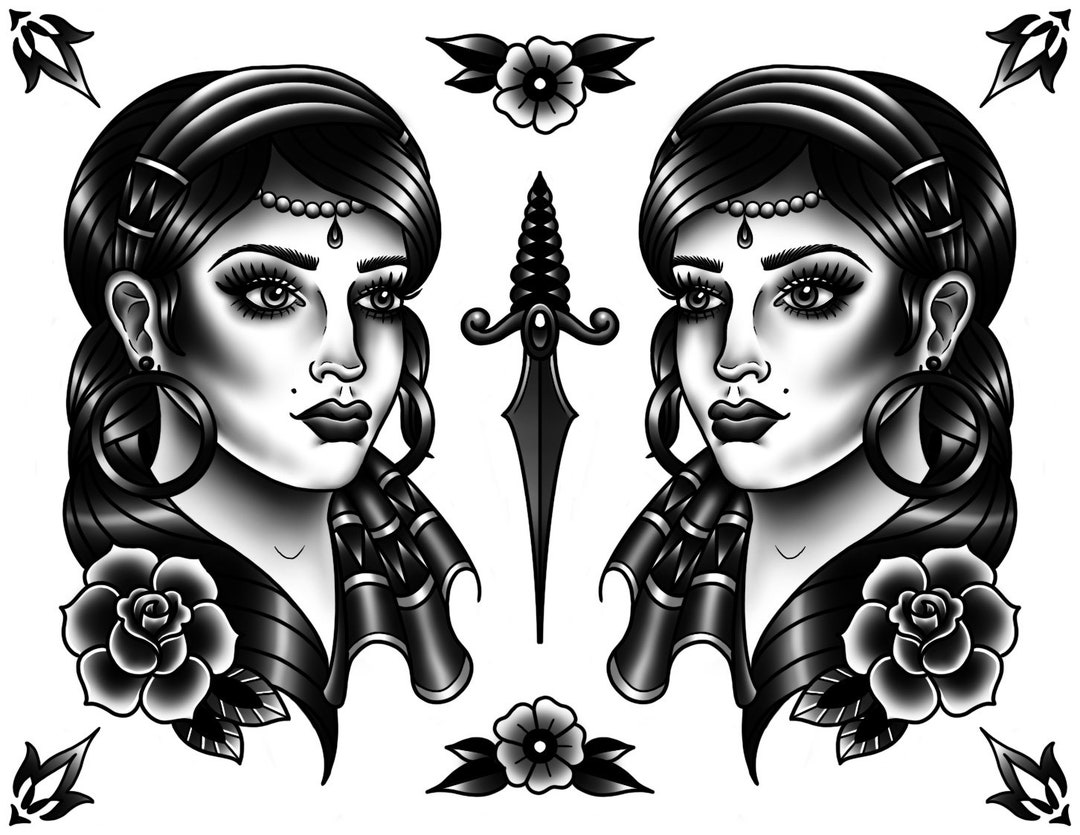 Gypsy Neotraditional Blackwork Black and Grey Tattoo - Etsy
