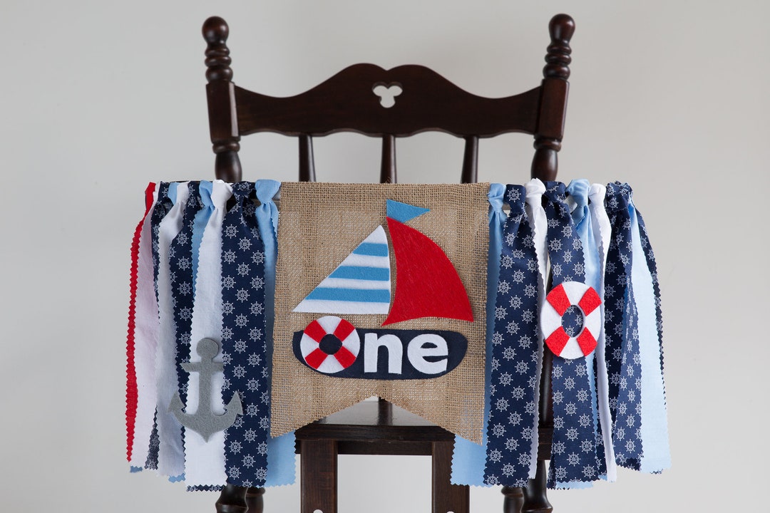 Navy High Chair Banner. Ship and Sailors Blue Pattern Decorated With ...