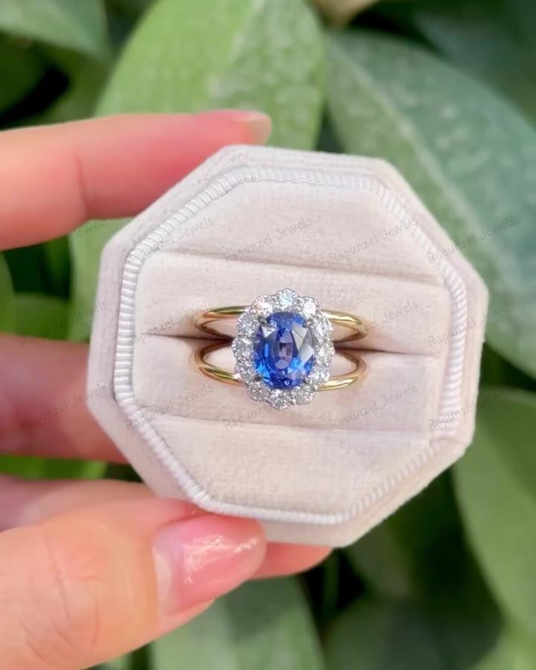 14K Gold Dual Band Ring Oval Blue Sapphire Ring Engagement Ring ...