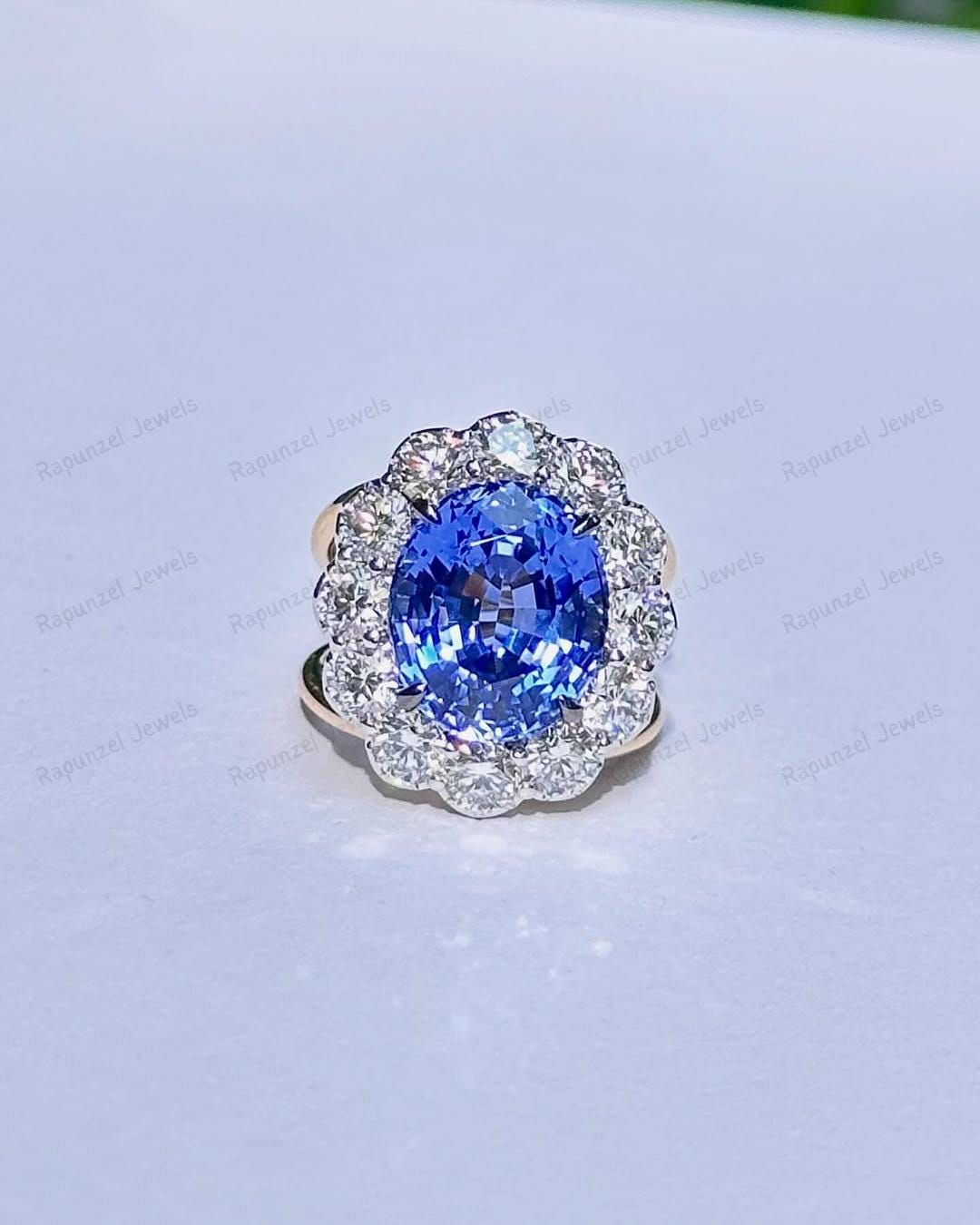 14K Gold Dual Band Ring BIG 10x12 MM Oval Blue Sapphire Ring Engagement ...