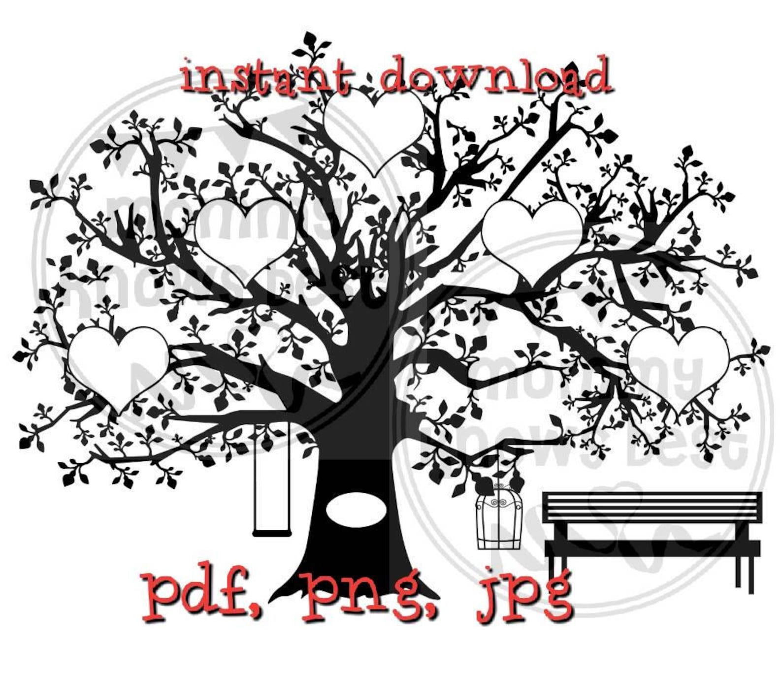 5 Hearts Family Tree Download. SVG JPG Pdf PNG Template. Print at Home ...