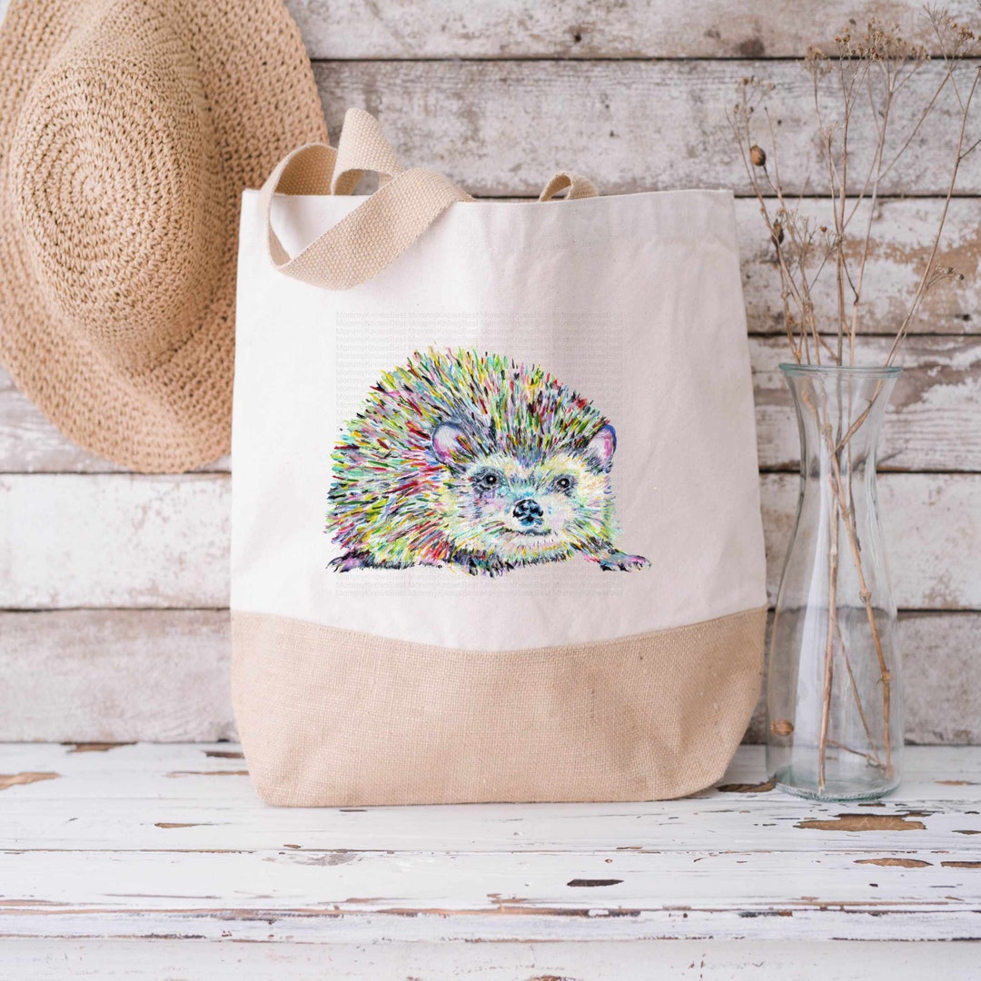 Colourful Hedgehog Canvas JUTE Bag. Birthday Present Mothers Day Gift ...