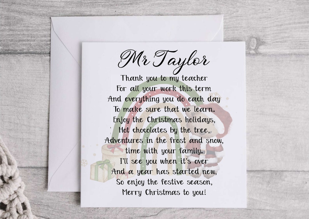 Christmas Card for Teacher With Poem Eco Friendly Male Female Thank You ...