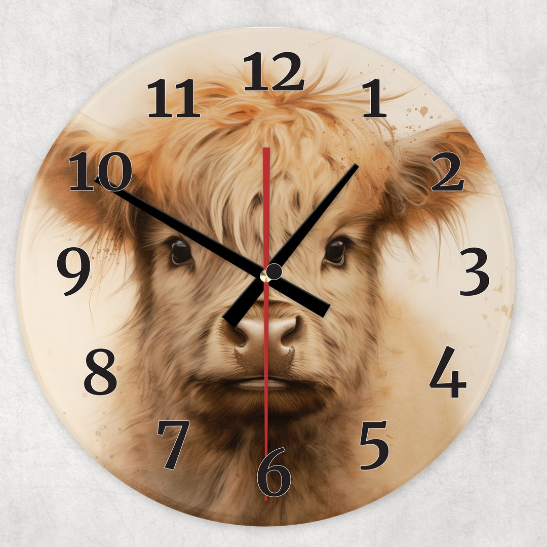 Highland Cow Clock. Large Glass Clock, Wall Clock Highland Cow Gifts ...