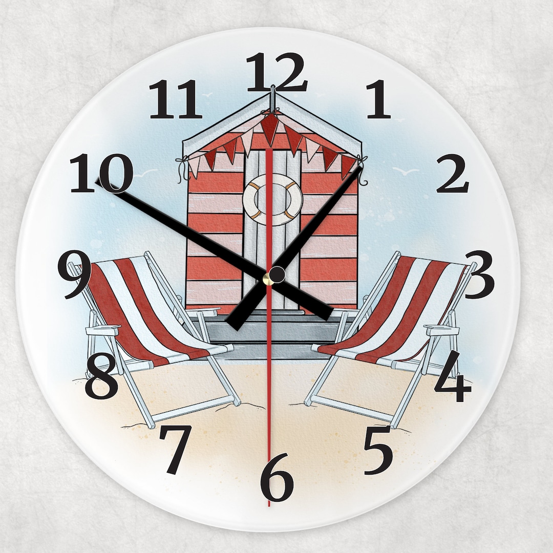 Deck Chairs Beach Hut Clock. Large Glass Clock, Wall Clock Holiday Home ...