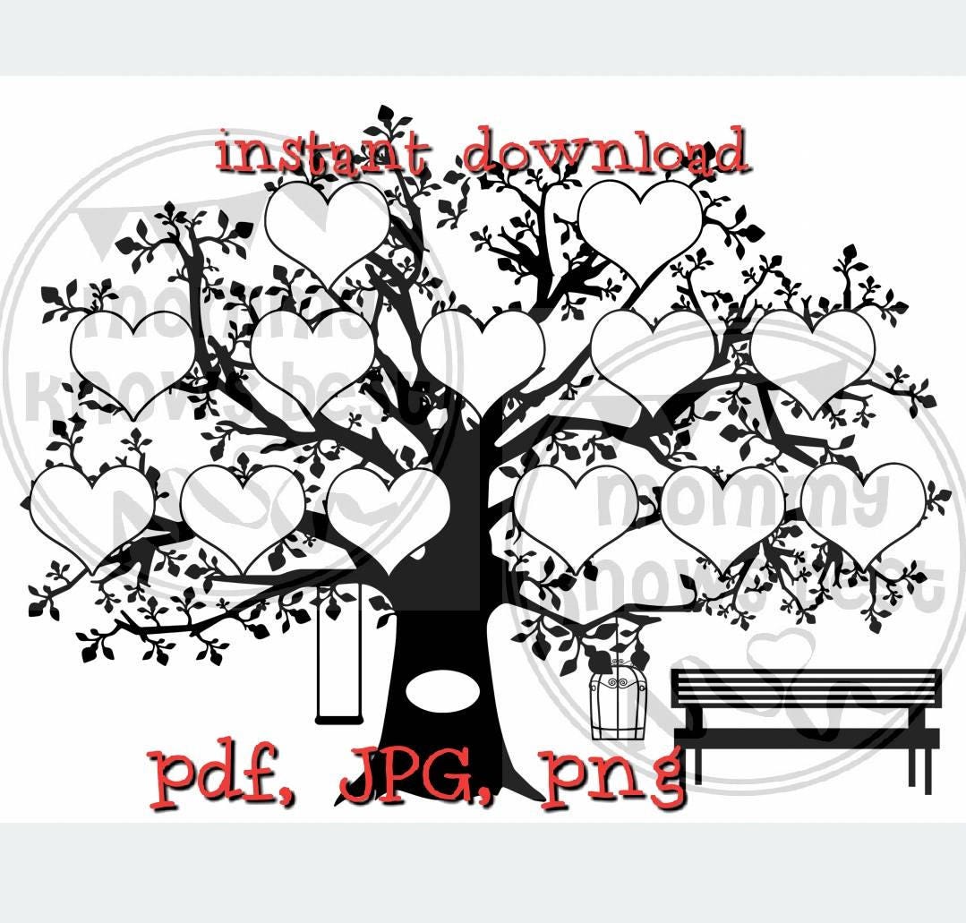 13 Hearts Family Tree Download. SVG JPG Pdf PNG Template. Print at Home ...