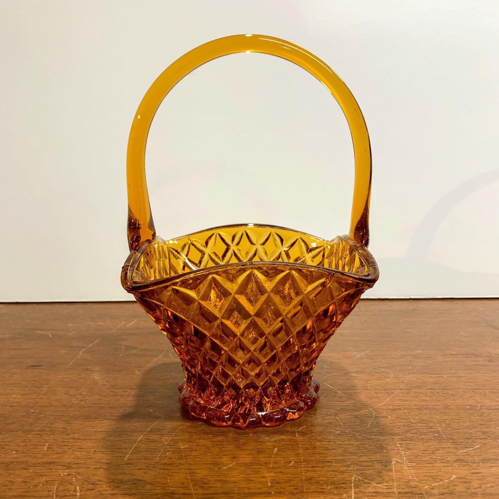 Vintage Amber Glass Diamond Pattern Basket - Etsy