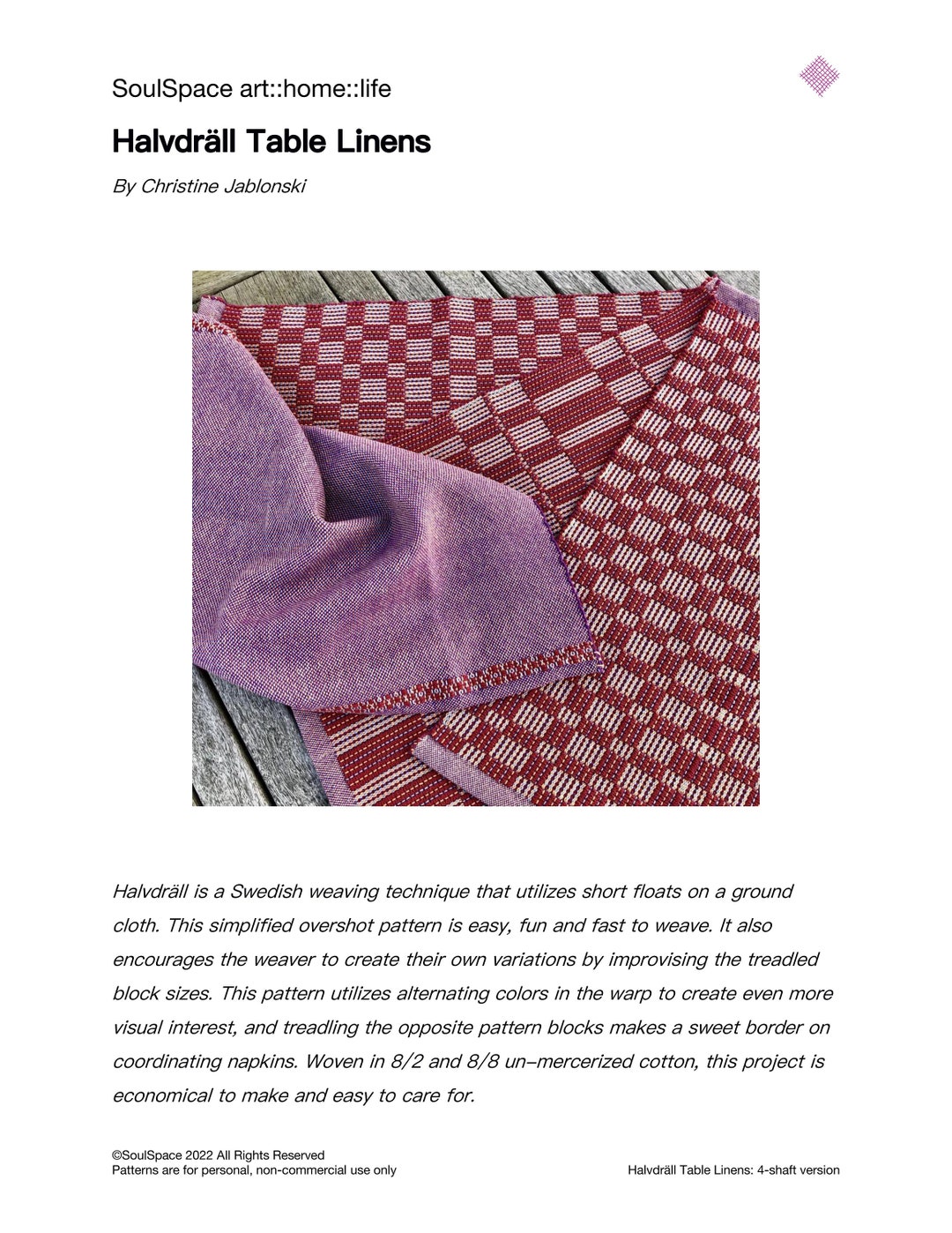 4 Shaft Weaving Pattern PDF: Halvdräll Place Mats & Napkins - Etsy Canada