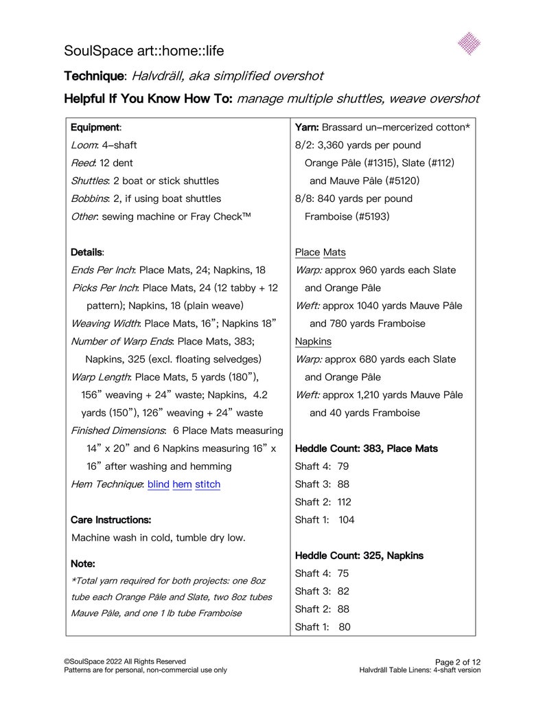 4 Shaft Weaving Pattern PDF: Halvdräll Place Mats & Napkins - Etsy Canada