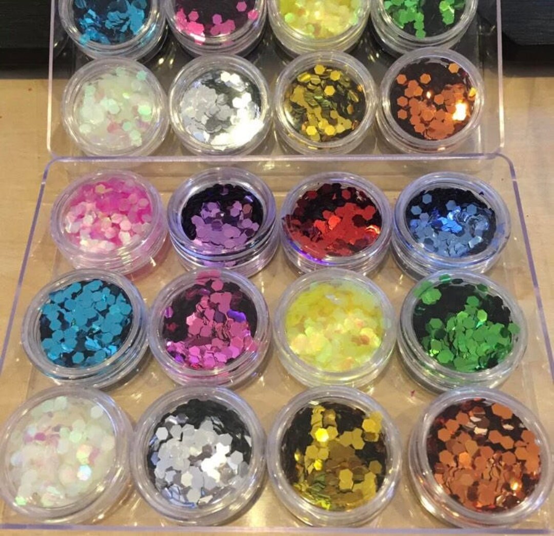 6 MEGA CHUNKY Glitter Pots Hexagon Shaped New Crafts Festival Hair Face ...
