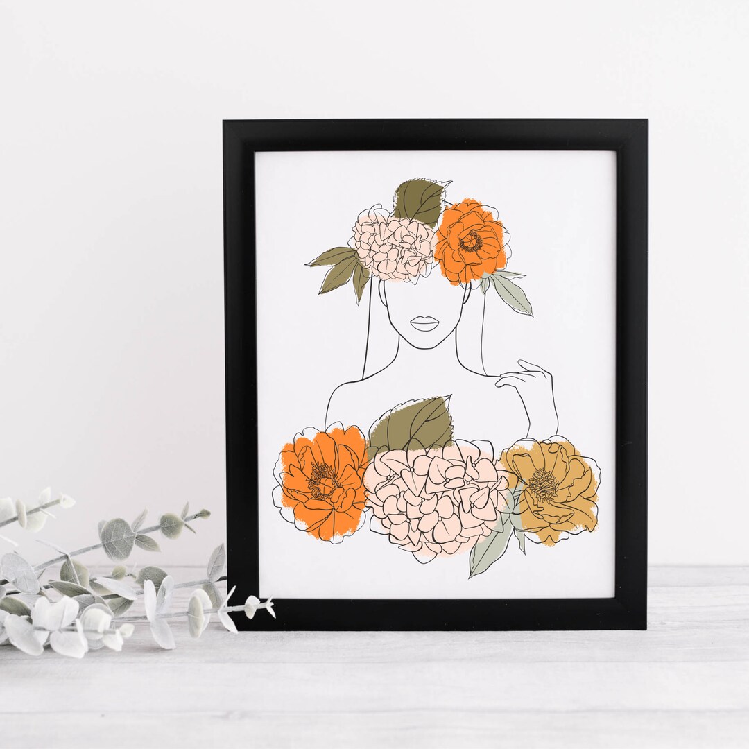 FEMALE FLOWER HEAD Line Art Print, Tones of Blush Pink and Sage Green ...