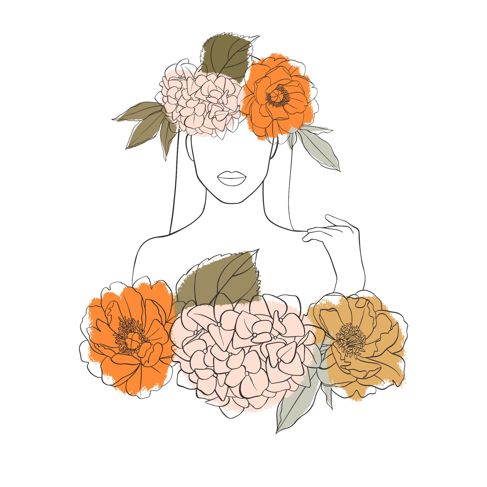 FEMALE FLOWER HEAD Line Art Print, Tones of Blush Pink and Sage Green ...