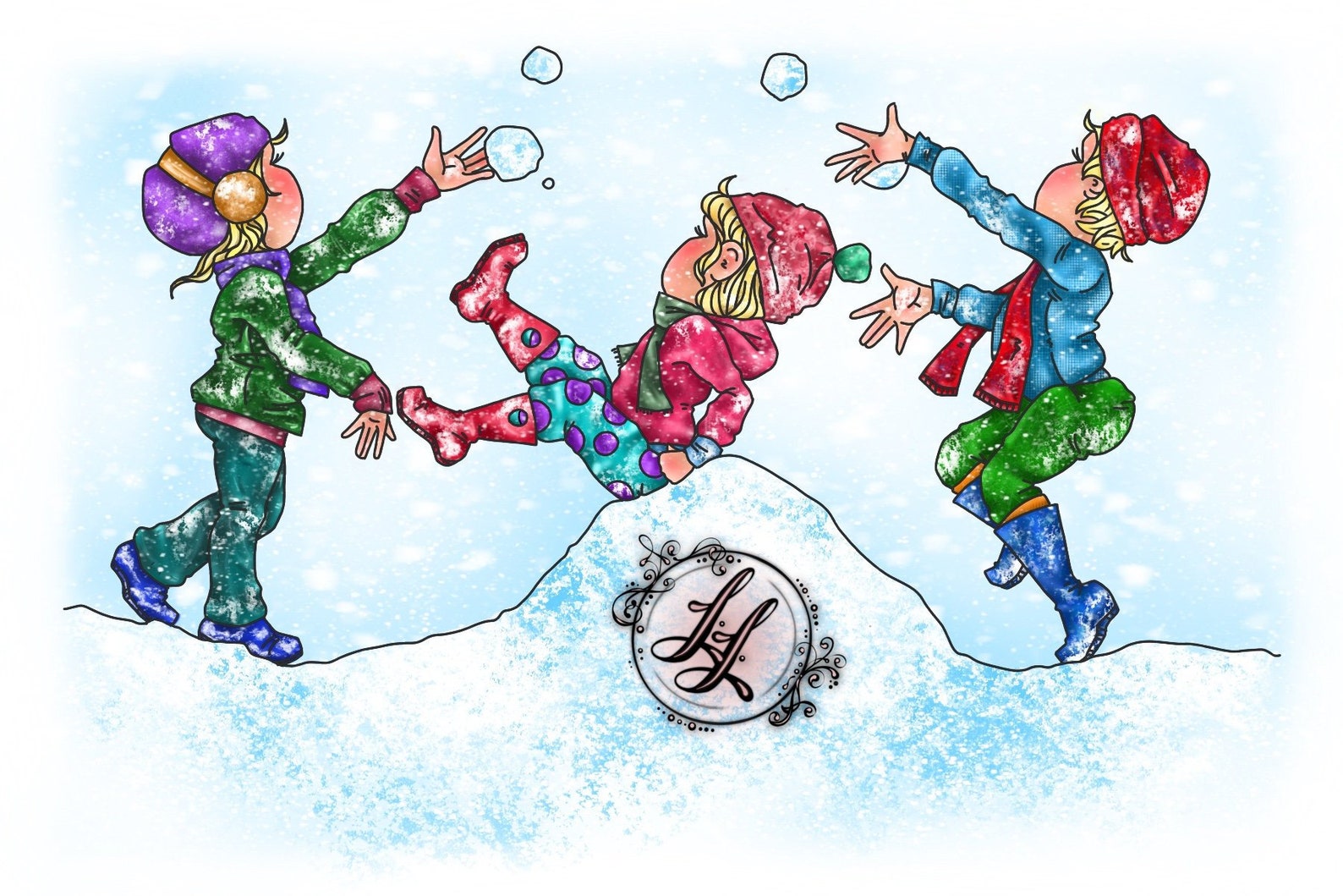 Snowball Fight for Three INSTANT DOWNLOAD Digi Stamp Best Friend Fun in ...