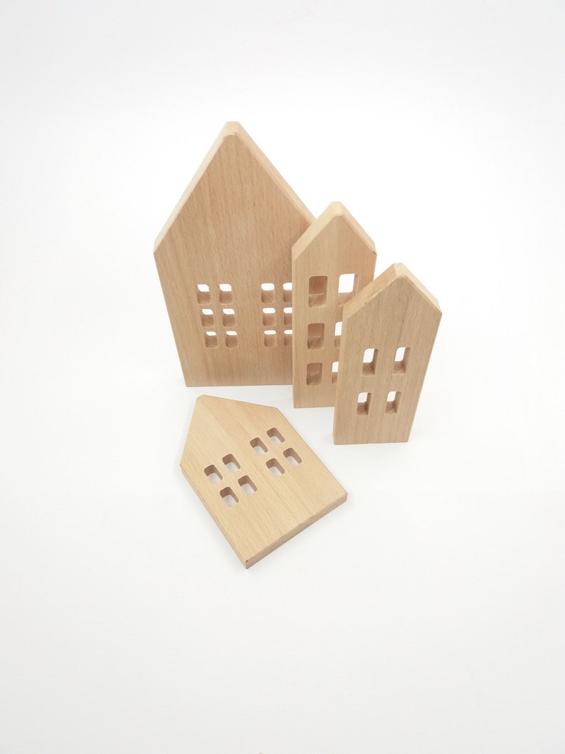 4 Wood House for Decoration, Wooden House Shaped, Wood Shelf Sitter ...