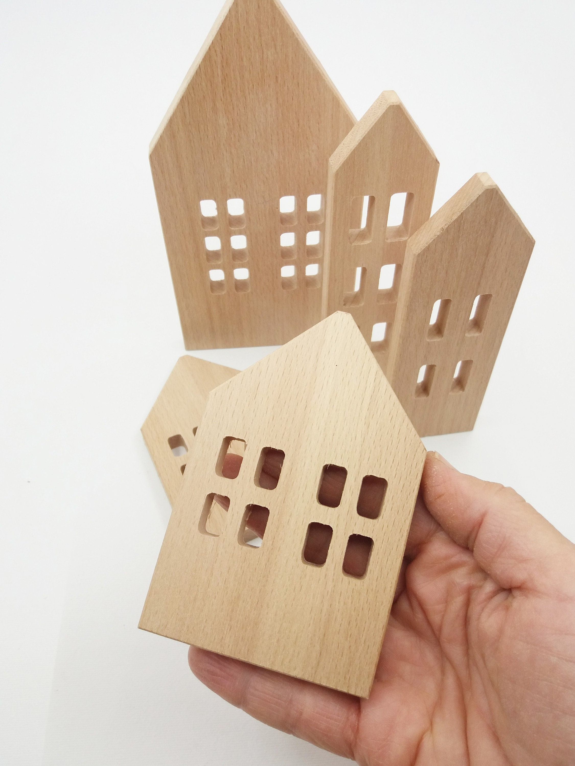 4 Wood House for Decoration, Wooden House Shaped, Wood Shelf Sitter ...