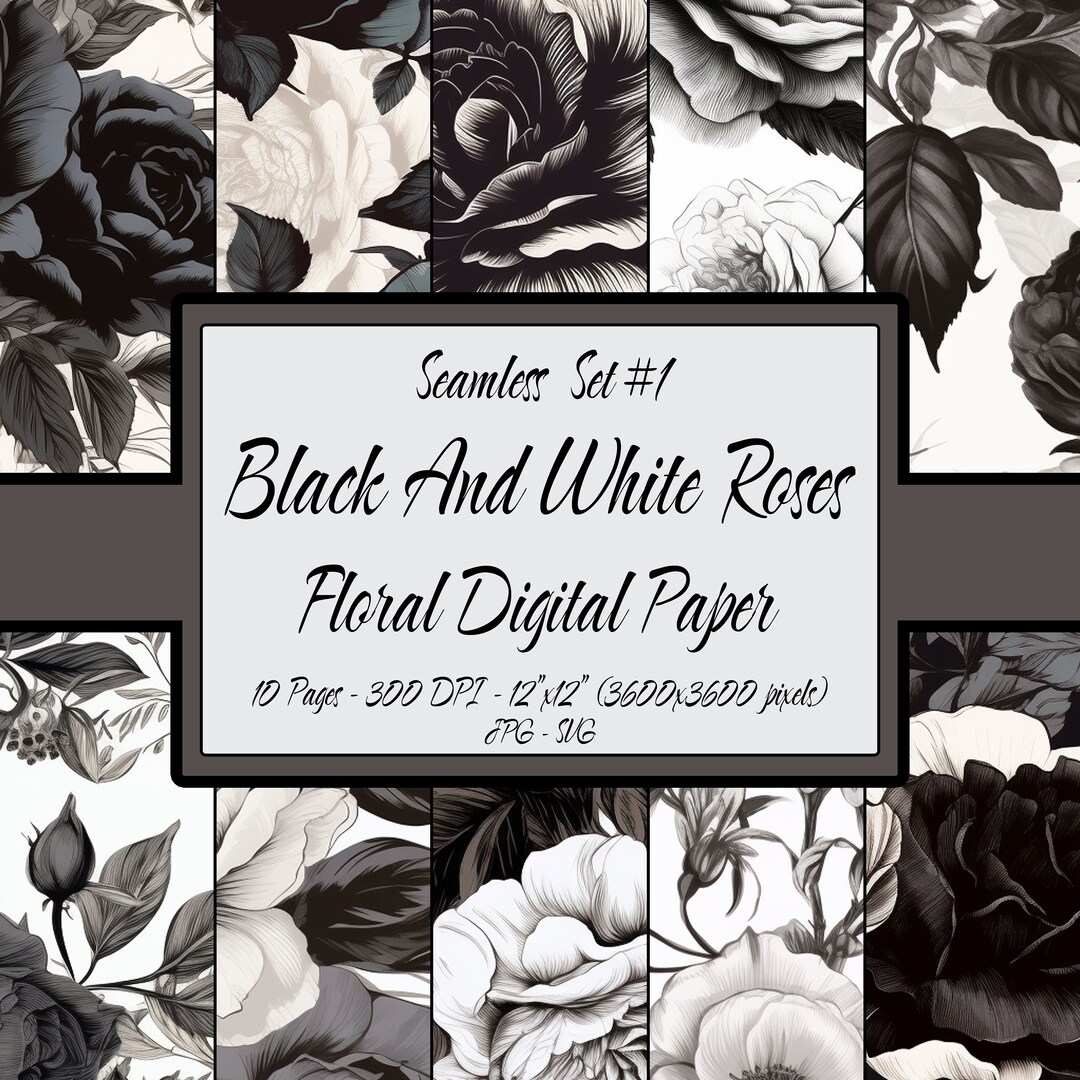 Floral Digital Paper Seamless Pattern Pack, Black and White Roses ...