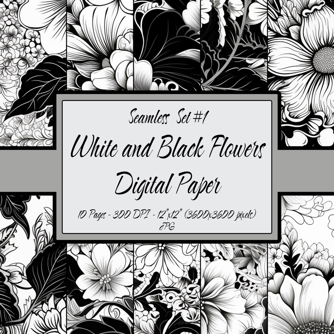 Floral Digital Paper Seamless Pattern Pack, White and Black Flowers ...