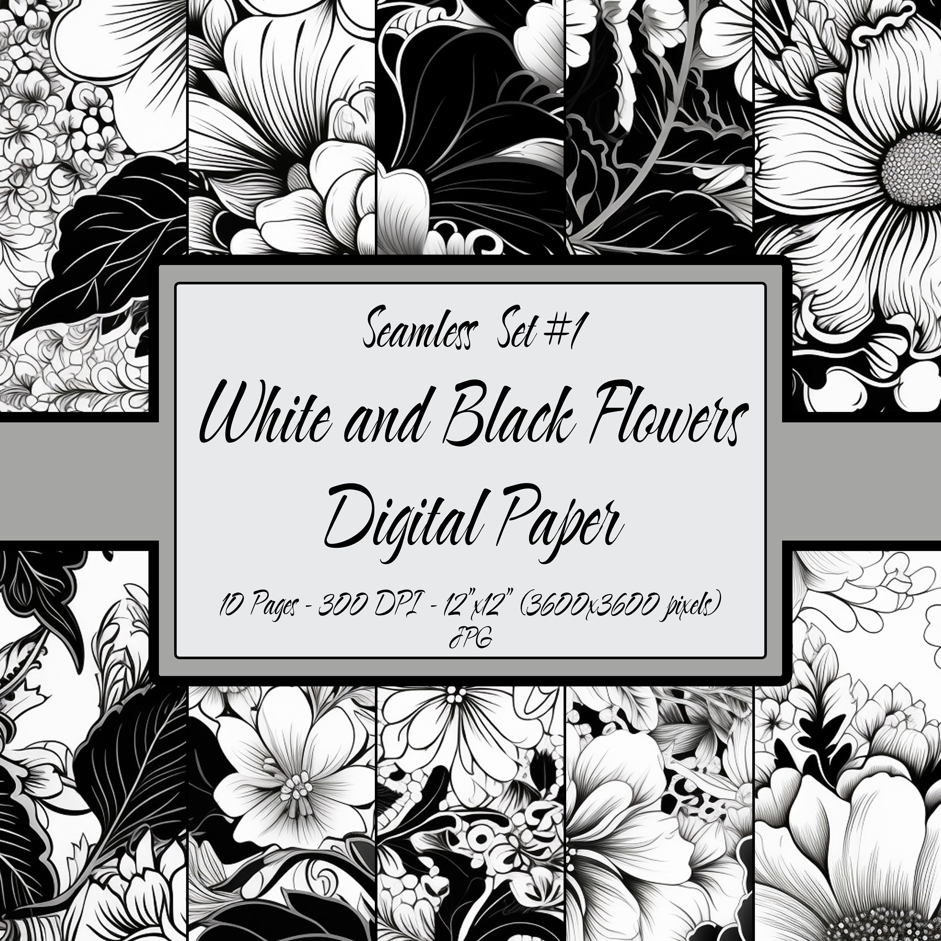 Floral Digital Paper Seamless Pattern Pack, White and Black Flowers ...
