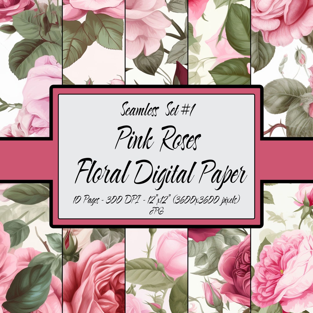 Floral Digital Paper Seamless Pattern Pack, Pink Roses Flowers Print ...
