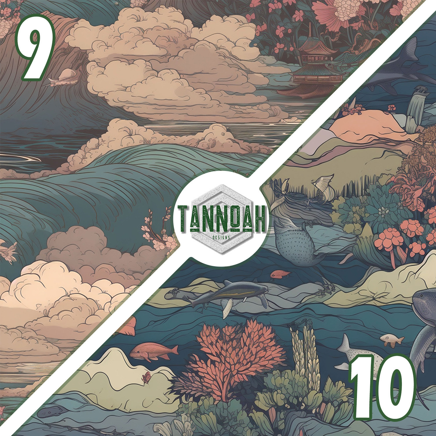 Japanese Digital Paper Seamless Nihonga Style Seascapes, 10 Print Set ...