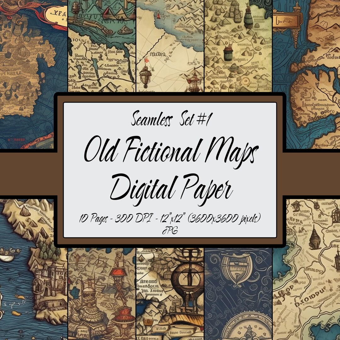 Old Fictional Maps Digital Art Print Paper Pack, Masculine Colors ...