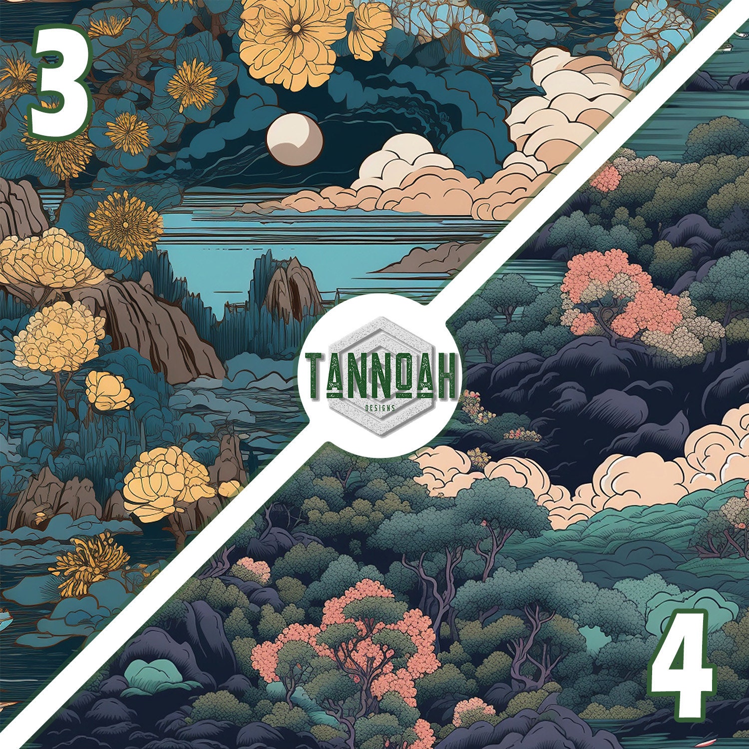 Japanese Digital Paper Seamless Nihonga Style Seascapes, 10 Print Set ...