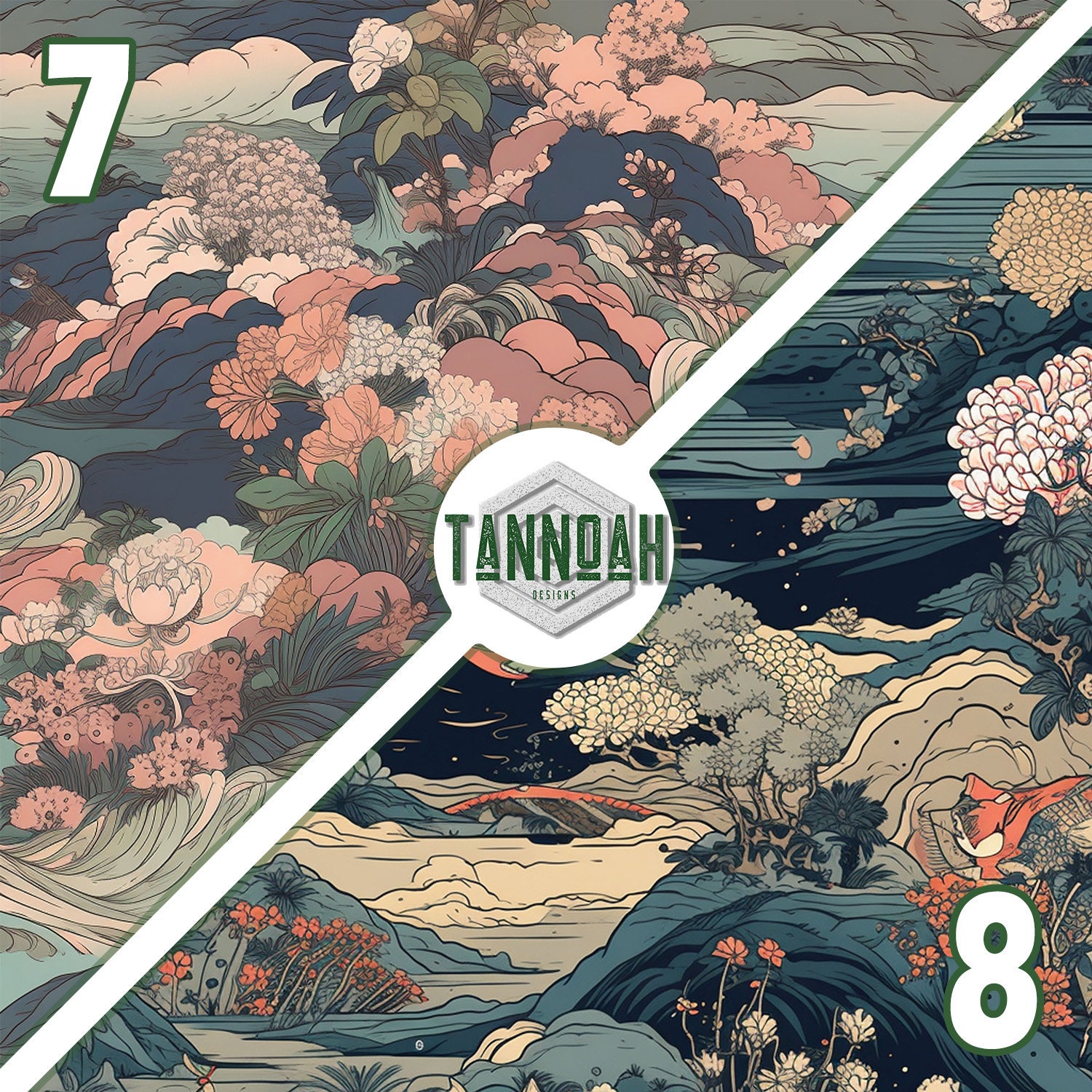 Japanese Digital Paper Seamless Nihonga Style Seascapes, 10 Print Set ...