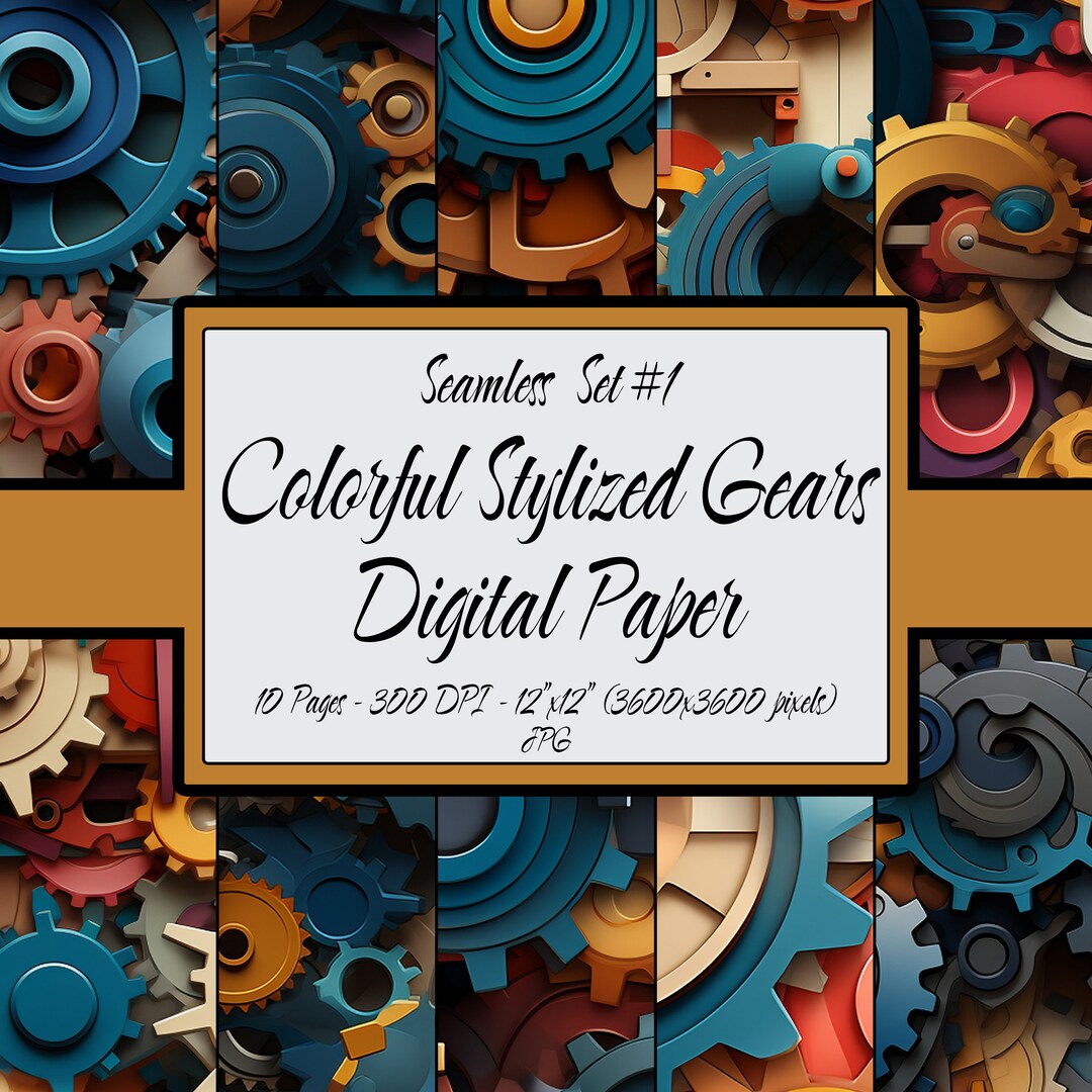 Seamless Patterns Digital Paper Pack Bundle, Colorful Stylized Gears ...