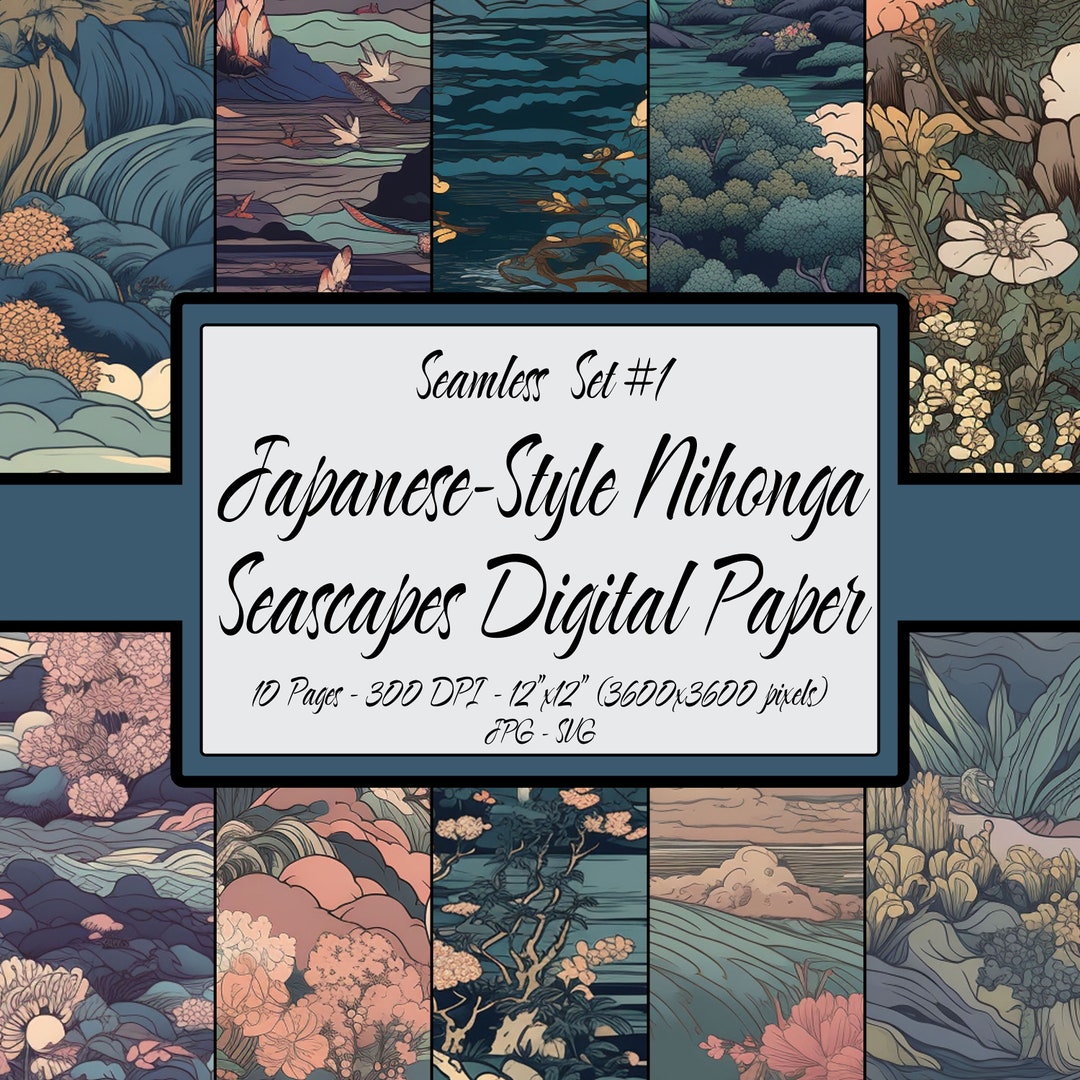 Japanese Digital Paper Seamless Nihonga Style Seascapes, 10 Print Set ...