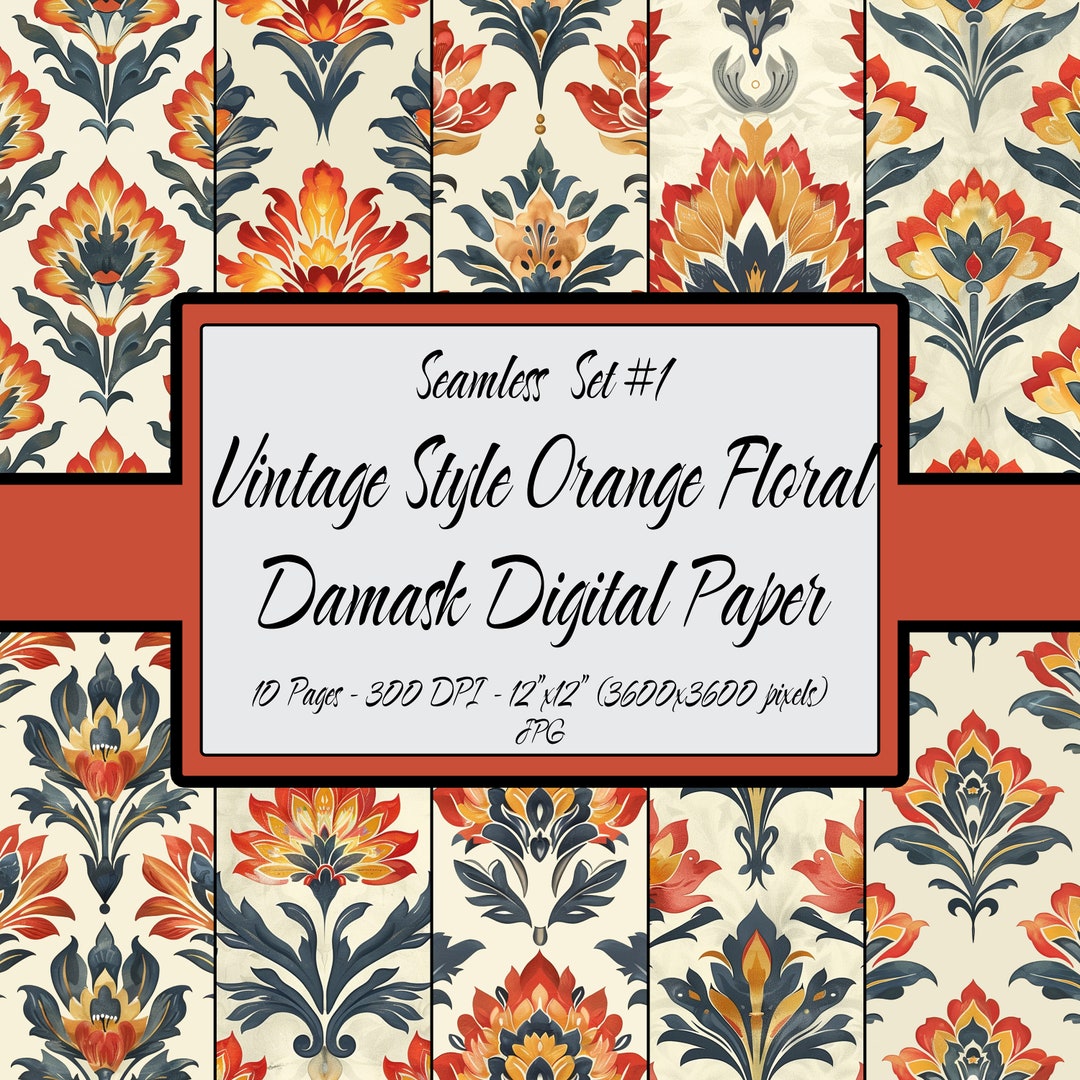 Digital Paper Seamless Vintage Style Orange Floral Damask , 10 Print ...