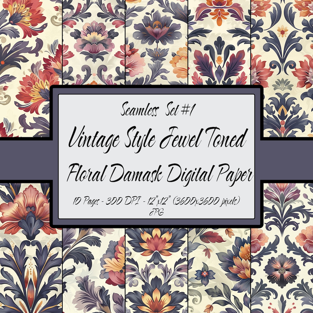 Digital Paper Seamless Vintage Style Jewel Toned Floral Damask , 10 ...