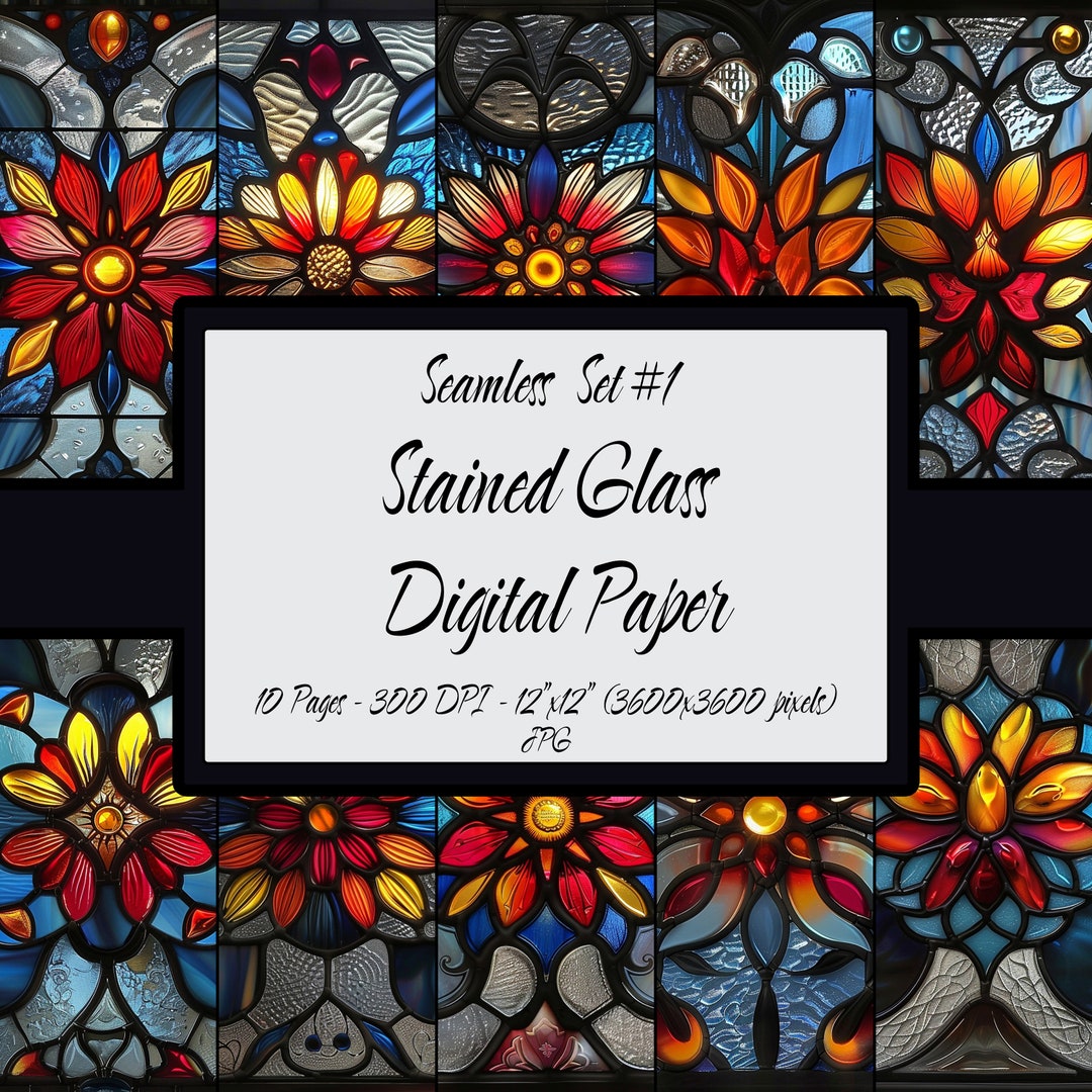 Art Print Digital Paper Pack, Colorful Stained Glass Panel Design ...