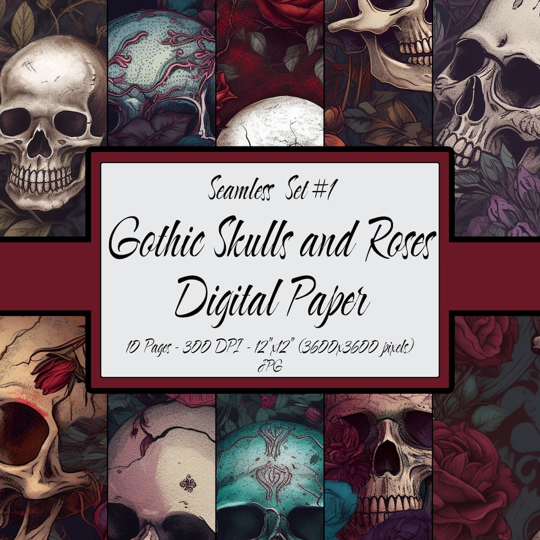 Gothic Digital Paper Seamless Pattern Pack, Gothic Skulls and Roses ...