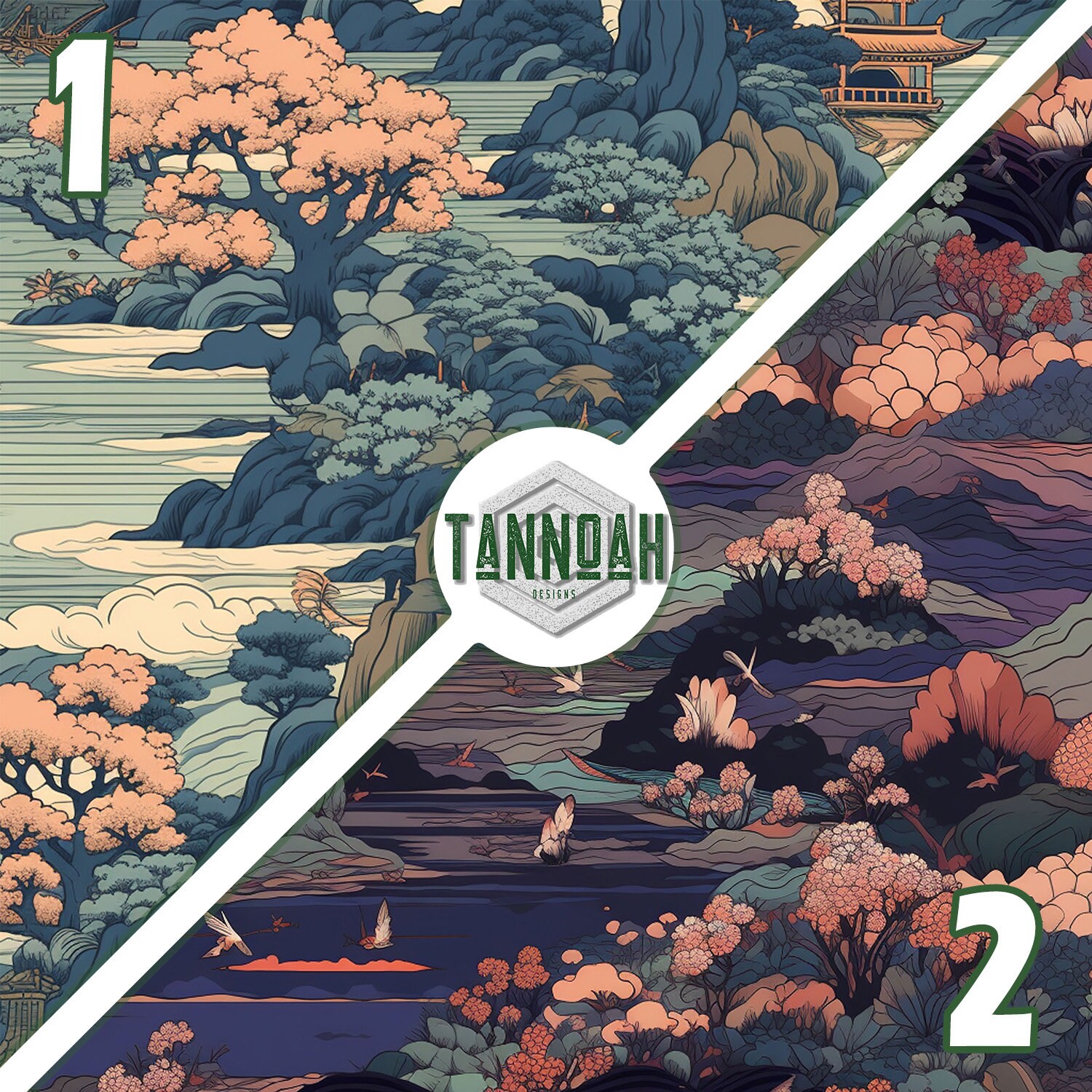 Japanese Digital Paper Seamless Nihonga Style Seascapes, 10 Print Set ...