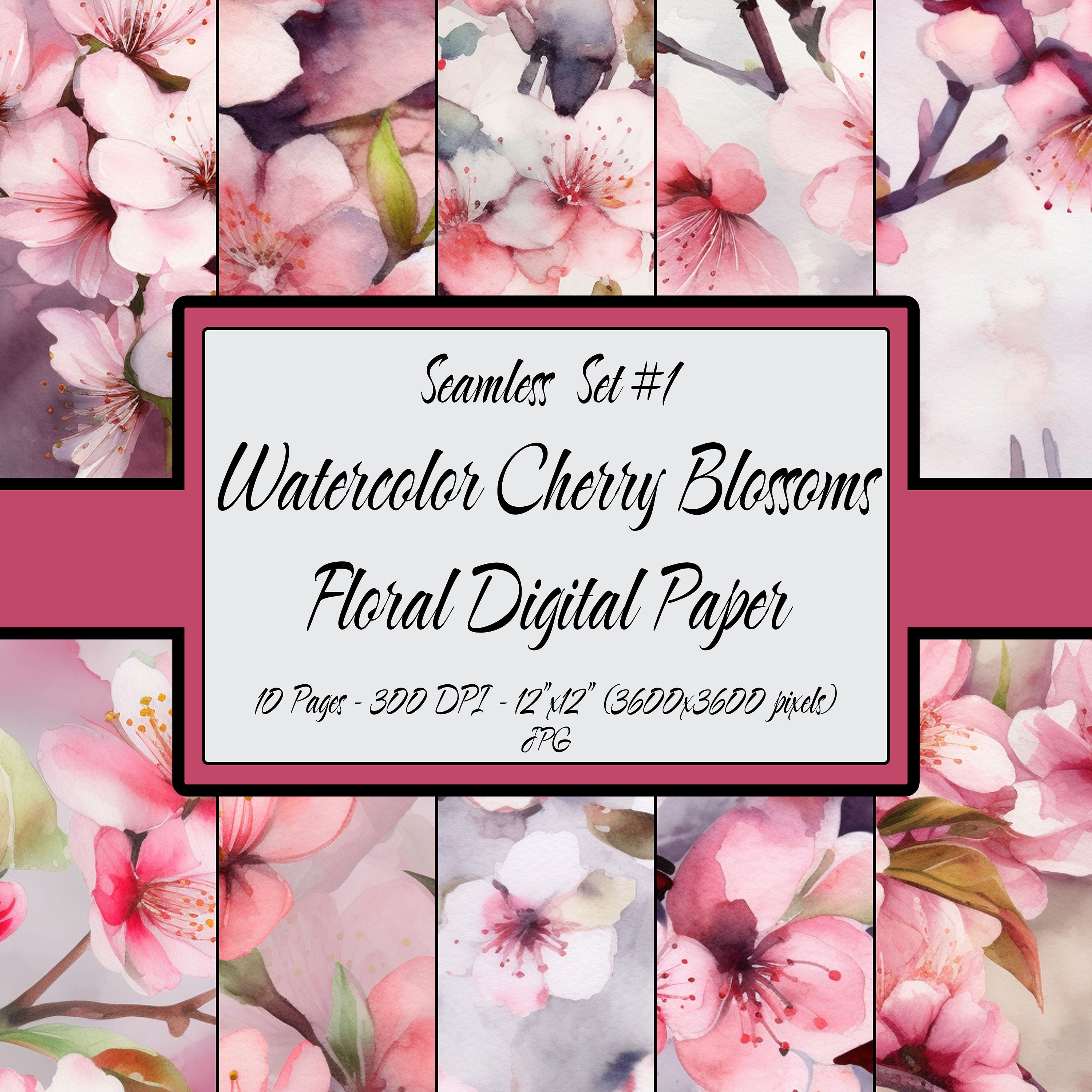 Cherry Blossoms Digital Paper Seamless Pattern Pack Set #01, Commercial ...
