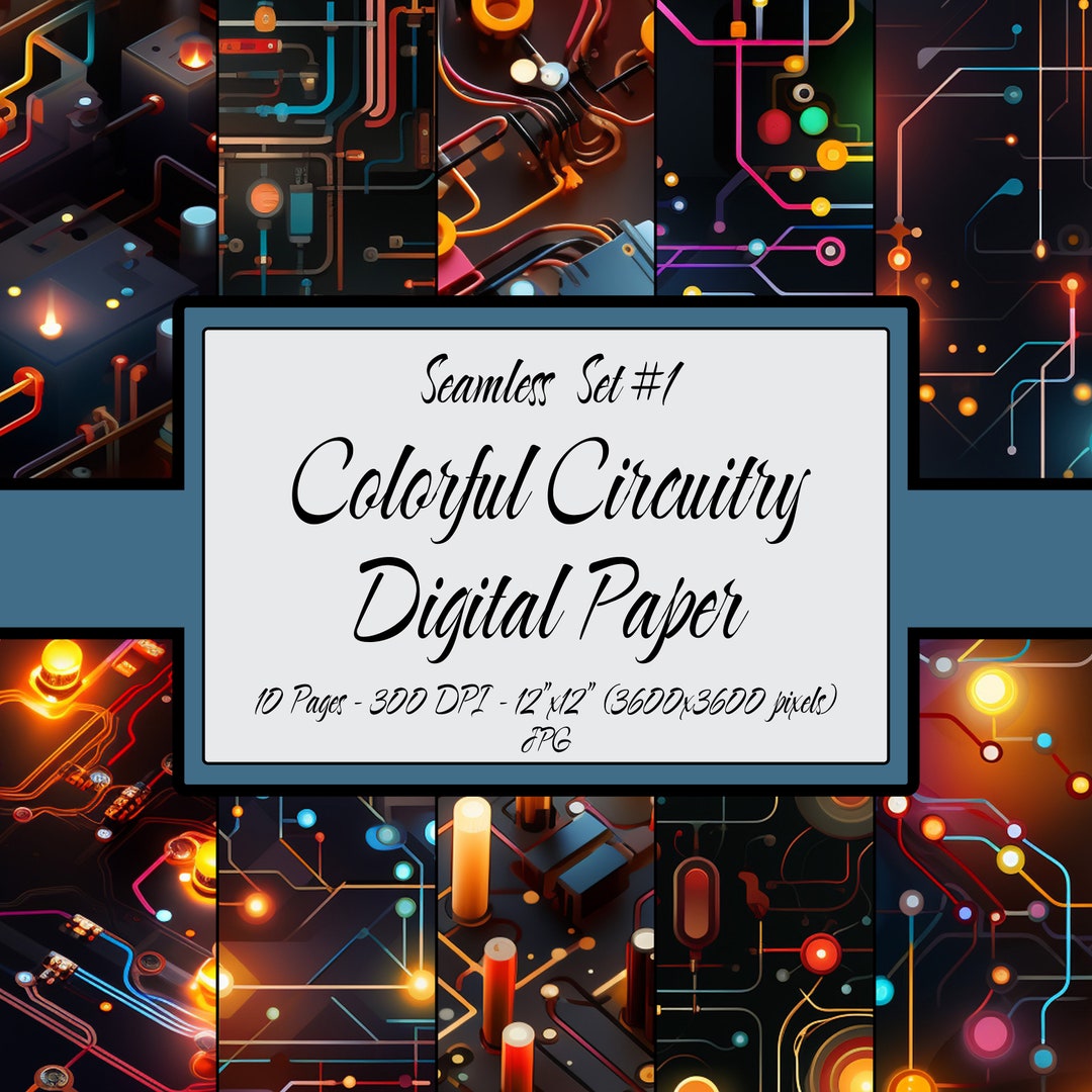Seamless Patterns Digital Paper Bundle Colorful Circuitry Set #01, 10 ...